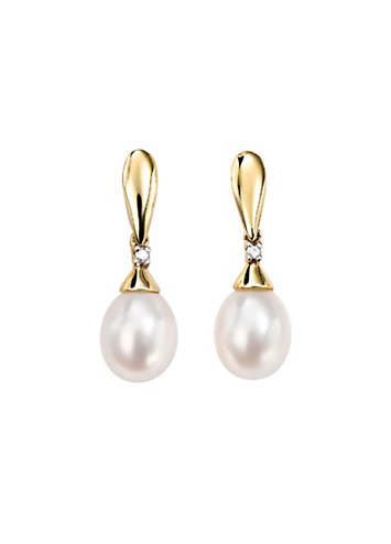 9ct Gold Freshwater Pearl & Diamond Drop Earrings by Elements Gold | Look Again