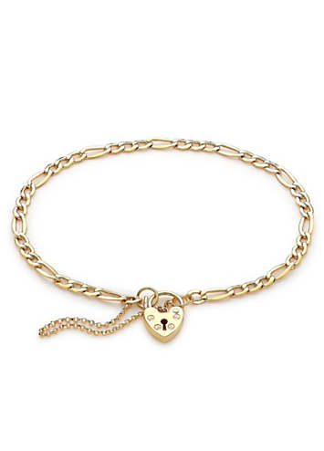 9ct Yellow Gold Figaro Padlock & Safety-Chain Bracelet by Tuscany Gold ...