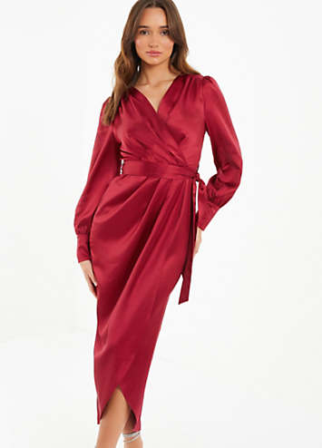 Berry Satin Long Sleeve Wrap Midi Dress by Quiz | Look Again