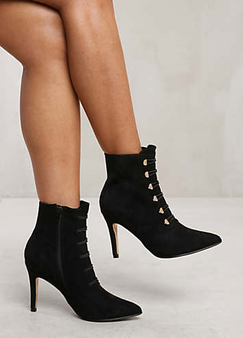 Blythe Pointed Toe Mid Heel Ankle Boots with Gold Buttons in Black Faux ...