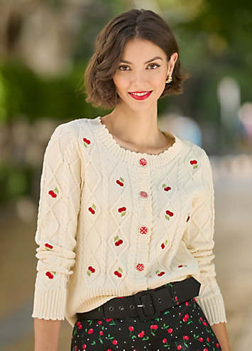 Cherry Embroidered Cable Knit Cardigan by Joe Browns | Look Again