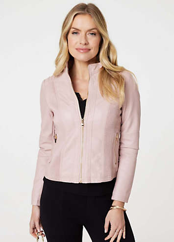 Dusky Pink Zip Front Faux Leather Jacket by Izabel London | Look Again