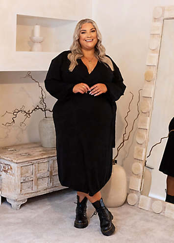 Jess Millichamp Curve Black Balloon Sleeve Wrap Front Belted Knit Dress ...