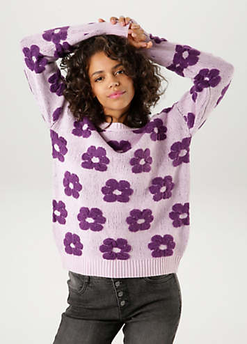 Knitted Flower Print Jumper by Aniston | Look Again