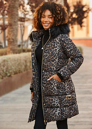 Leopard Print Faux Fur Trim Padded Coat by Sosandar | Look Again