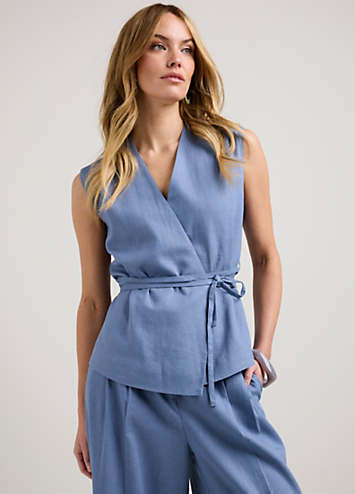 Powder Blue Linen Mix Wrap Waistcoat by Together | Look Again