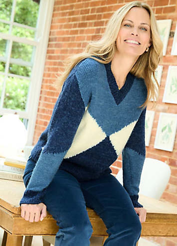 V-Neck Colour Block Jumper by Cotton Traders | Look Again