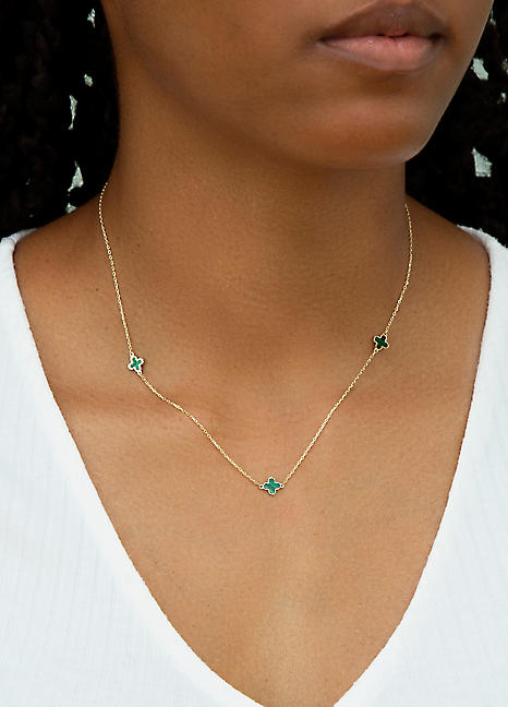 9CT Yellow Gold Malachite Clover Petals Necklace by Tuscany Gold Look Again