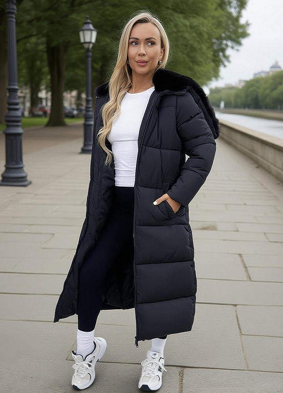 Black Split Hood Longline Puffer Coat by AX Paris | Look Again