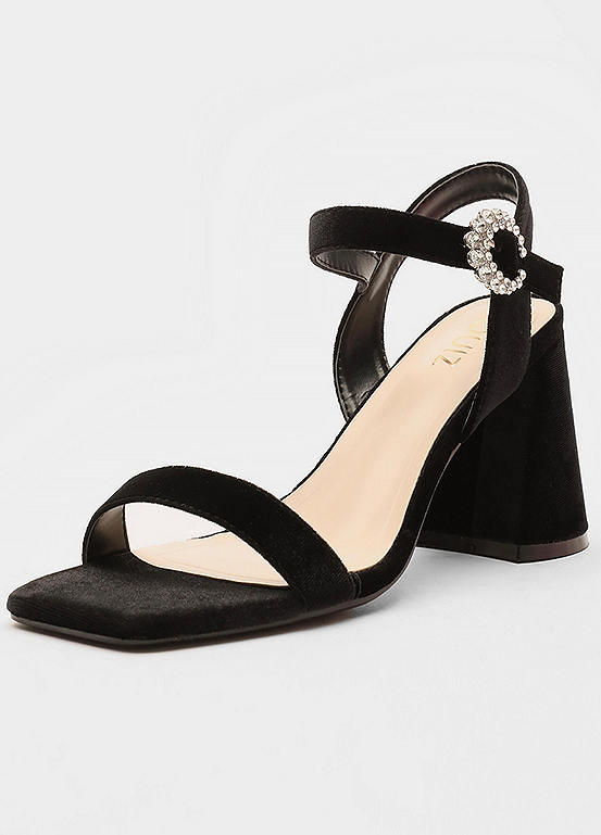 Black Velvet Diamante Block Heel Sandals by Quiz | Look Again