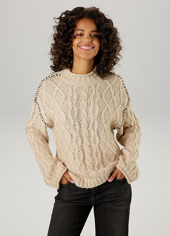Cable Knit Round Neck Jumper by Aniston | Look Again