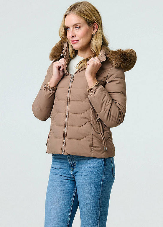 Camel Faux Fur Hooded Zip-Up Puffer Jacket by Izabel London | Look Again