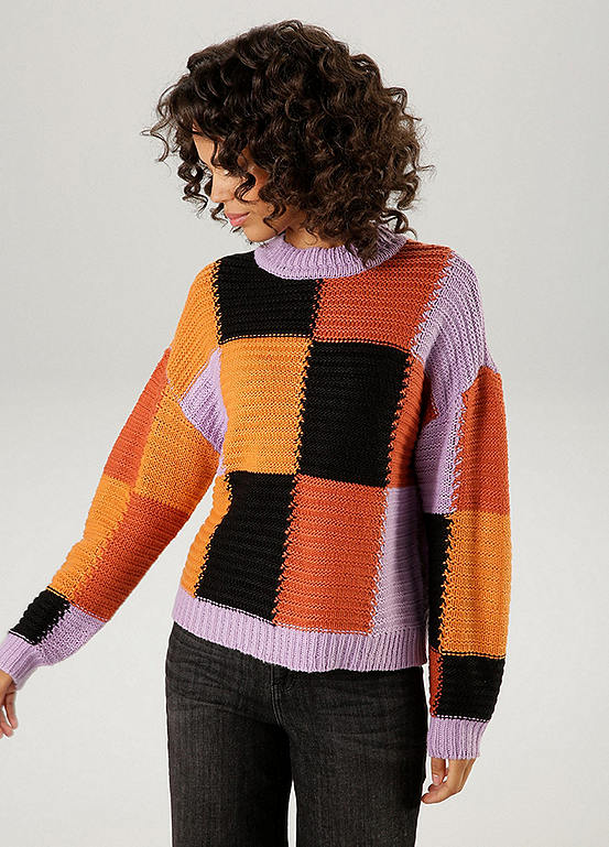 Chunky Knit Patchwork Jumper by Aniston | Look Again