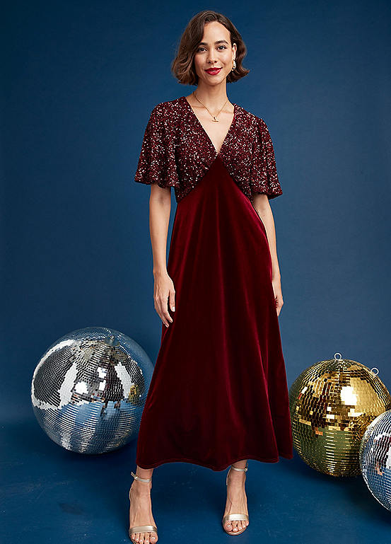 Freemans Red Velour Sequin Midi Dress | Look Again
