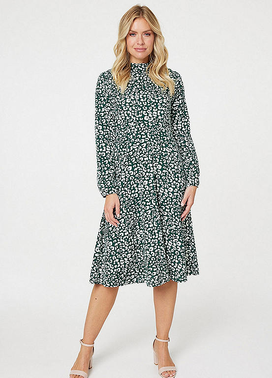 Green Leopard Print High Neck Tea Dress by Izabel London | Look Again