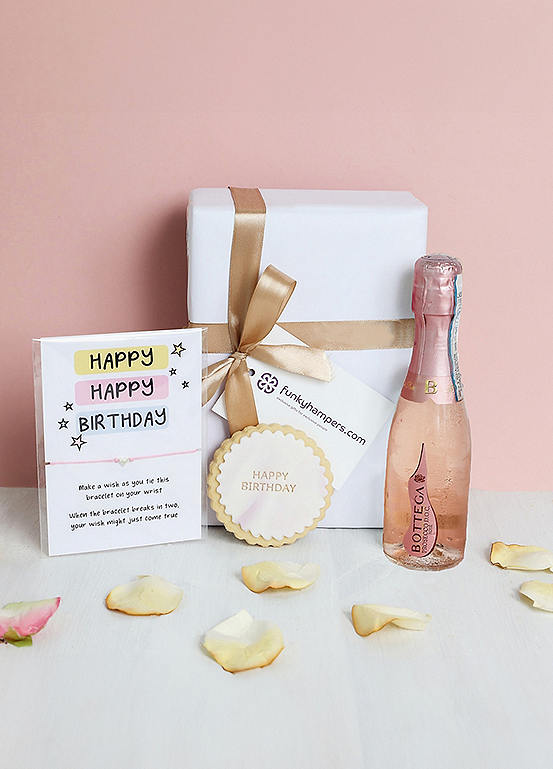 Happy Birthday Prosecco, Biscuit & Bracelet Gift Box by Funky Hampers ...