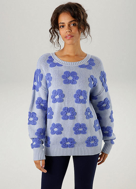 Knitted Flower Print Jumper by Aniston | Look Again