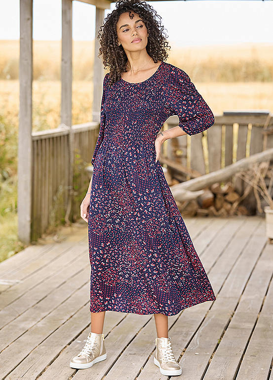 Lucy Patchwork Print Shirred Print Midi Dress by Freestyle | Look Again