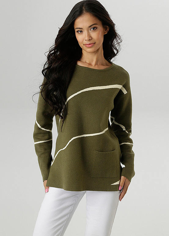 Oversized Round Neck Patch Pocket Jumper by Aniston | Look Again