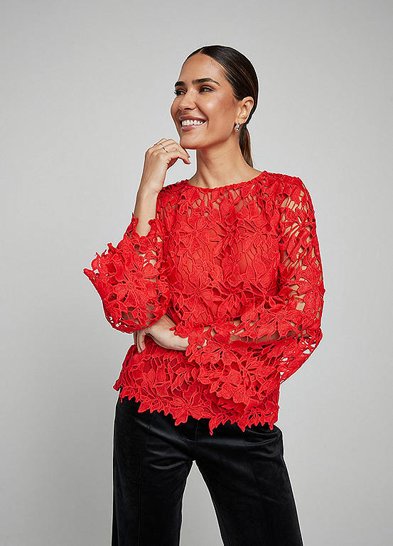 Red Lace Fluted Sleeve Top by Kaleidoscope | Look Again