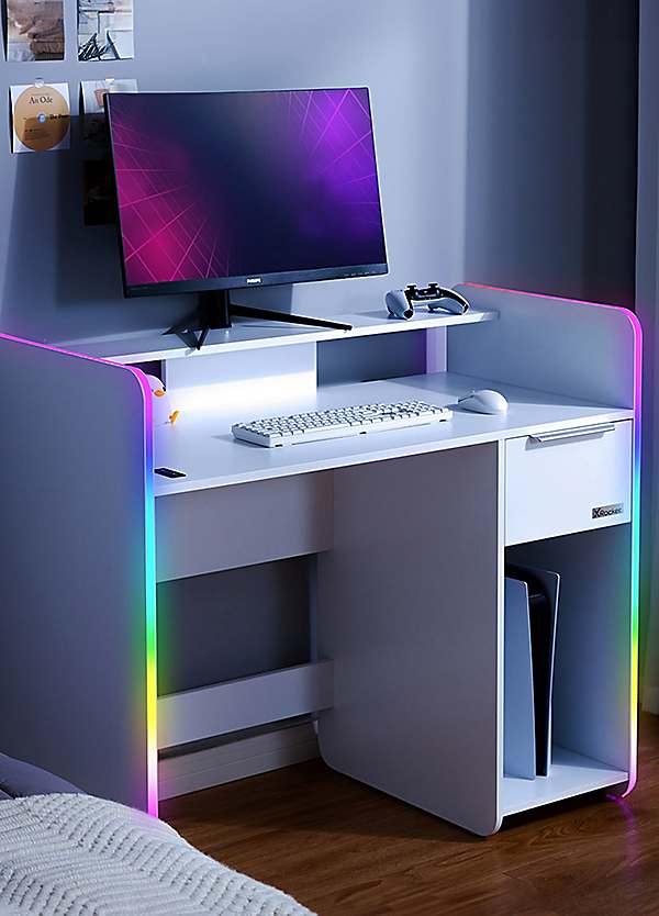 Electra Gaming Desk With Wireless Charging and APP Controlled LED Lights White by X Rocker Look Again