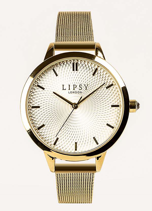 Gold Mesh Strap Watch with White Diamond Texture Dial by Lipsy Look Again