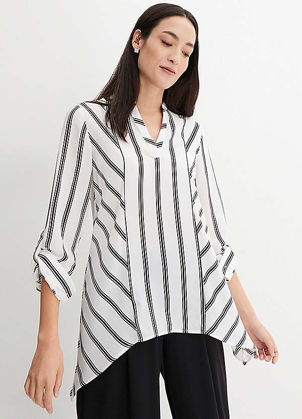 Longline Striped Blouse Navy Longline Stripe Print Shirt | Roman UK