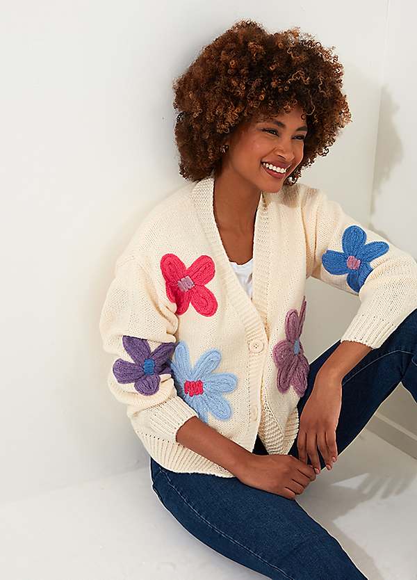 Joe Browns Oversized Colourful Chunky Floral Applique Long Sleeve Cardigan by Joe Browns